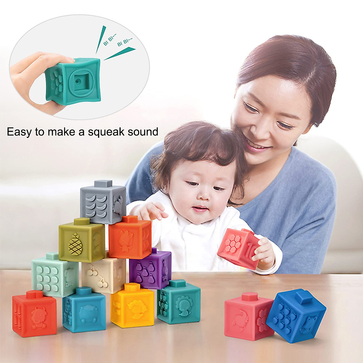 DuLaSeed Baby Toys,12PCS Baby Soft Building Blocks with Numbers Animals Shapes Textures,Toddler Educational Squeeze Toys for Infant Kids Children