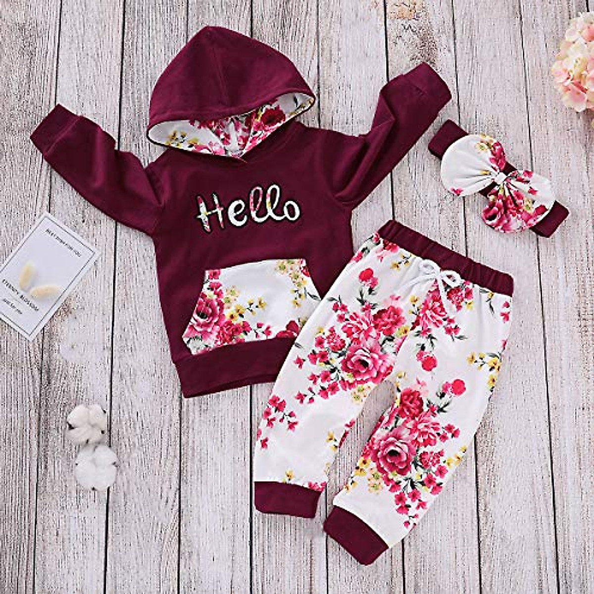 Camidy 1-5T Baby Girls Toddler Floral Hoodies Hooded Tops + Pants + Headband 3Pcs Outfits Clothes Set Purplish Red