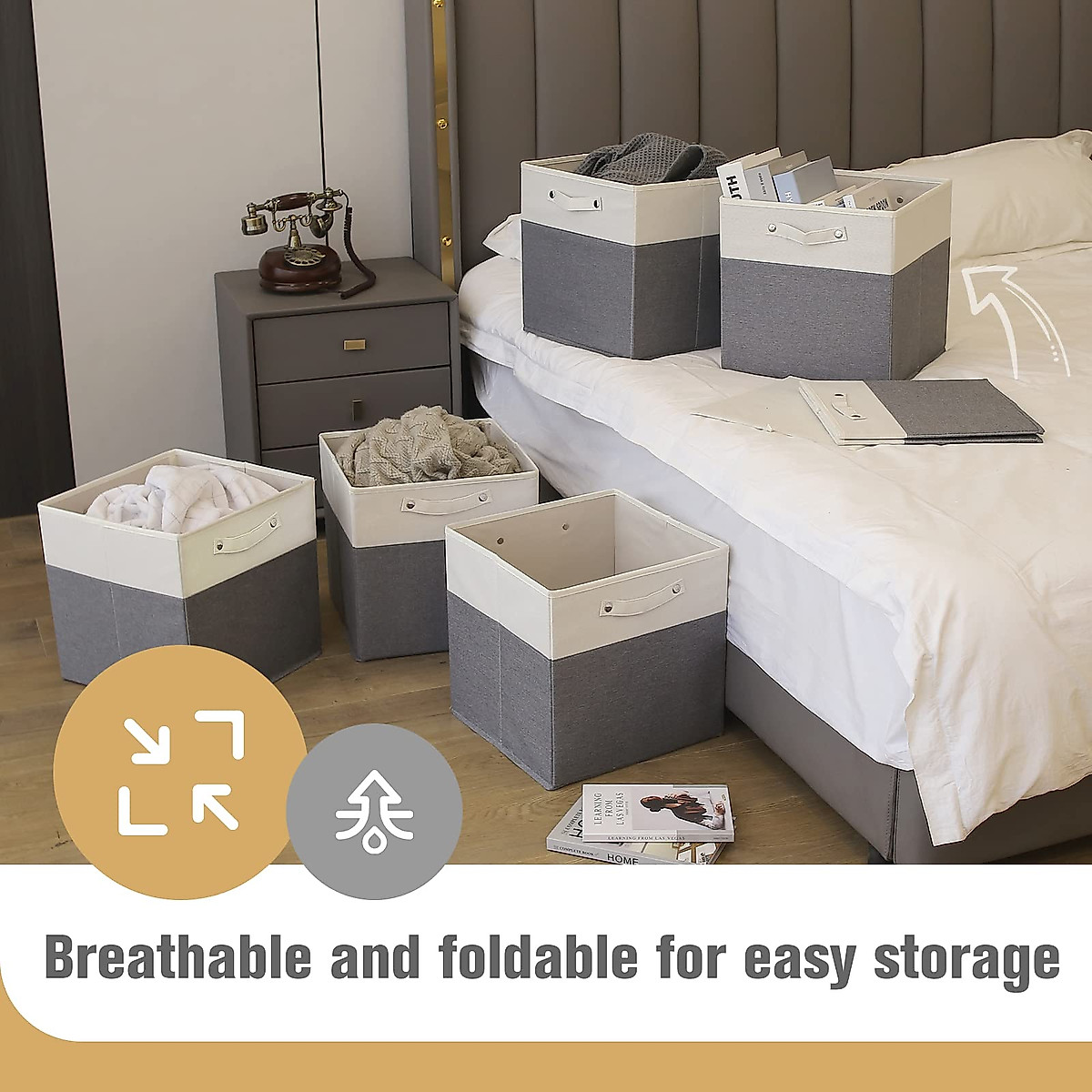 SANCARDY BNDSKLAI Foldable Cube Storage Bins 13x13x13 Inch [6-Pack],Collapsible Shelf Storage Baskets,Fabric Storage Baskets with Handles,Suitable for Shelf,Closet,Cabinet(White/Grey)