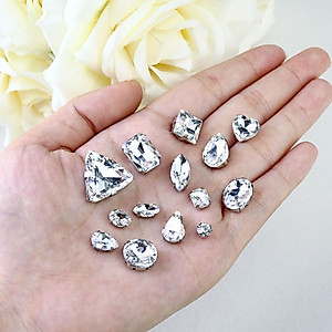 Dowarm White Sew on Rhinestones 104 PCS Mixed Shapes Glass Sew on Crystals for Crafts Metal Flatback Claw Gemstones for Jewelry Making Costumes Clothes Garment, Crystal Clear