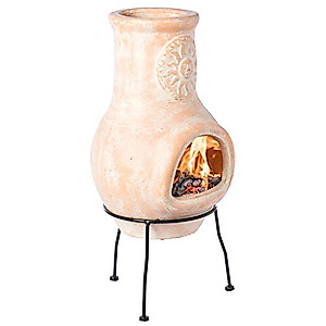 Outdoor Clay Chiminea Sun Design Charcoal Burning Fire Pit with Sturdy Metal Stand