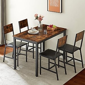 Rovibek 4 Chairs Dining Table Set for 4-8, Modern Space Saving Kitchen Desk, Wooden Industrial Style Farmhouse, 47", Leather Black Brown