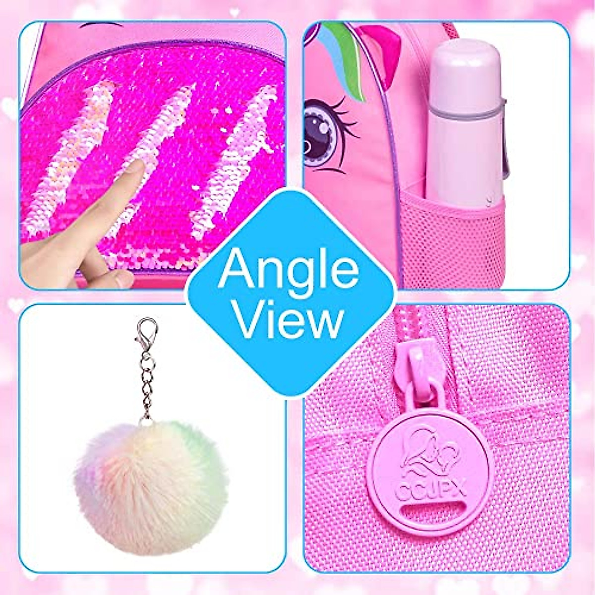 UFNDC Toddler Backpack for Girls, 3pcs Unicorn Sequin Preschool Bookbag with Lunch Box,Cute Kindergarten School Bag