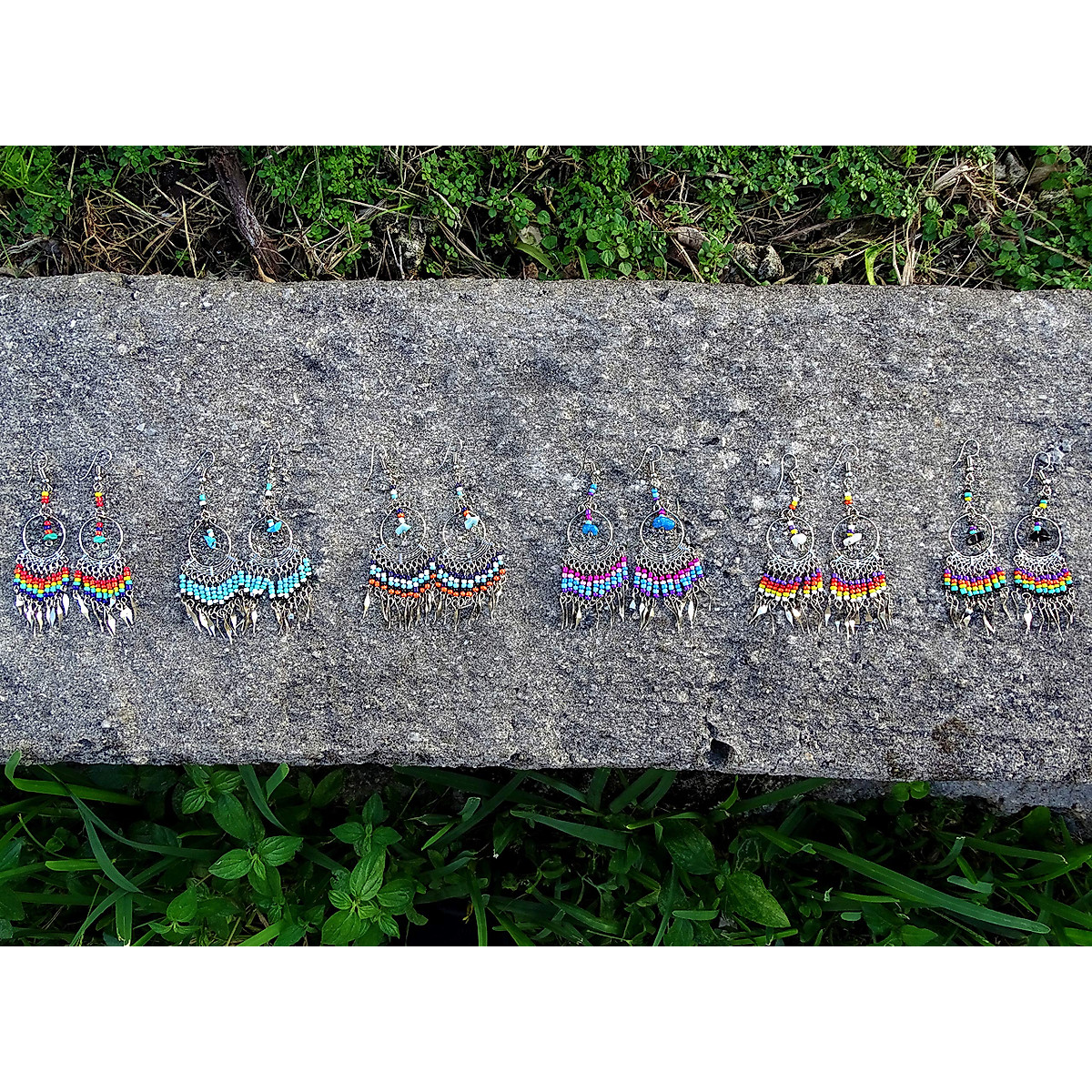 Native American Inspired Chip Stone Round Silver Metal Hoop Beaded Dangle Earrings - Womens Fashion Handmade Jewelry Tribal Accessories (Teal/Rainbow)