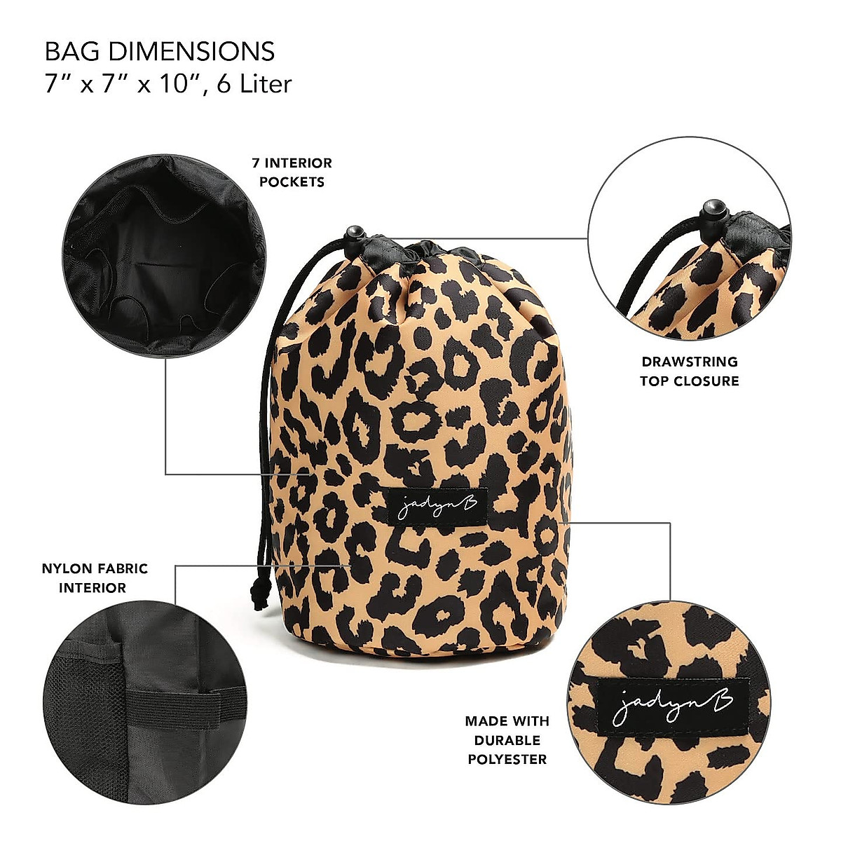 Jadyn Durable Cinch Top Makeup Organizer - Compact Travel Makeup Bag - 7 Interior Pockets for Cosmetics - Drawstring Toiletry Travel Bag for Women - 6L Storage Capacity - (Leopard)