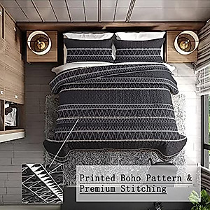 Homuno Black Quilt Set Queen Size 3-Piece Set (90 x 96 Inches), Bohemian Style All-Season Lightweight Reversible Microfiber Bedspread Set (1 Piece Quilt Set, 2 Pieces Pillowcase)