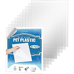 10 Pack of 8x10” PET Sheet/Plexiglass Panels 0.04” Thick; Use for Crafting Projects, Picture Frames, Cricut Cutting and More; Protective Film to Ensure Scratch and Damage Free Sheets