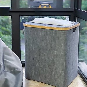 Square Foldable Bamboo Frame Laundry Hamper with Lid, Dirty Clothes Basket, Laundry Room Clothes Organizer 13"x13"x15"