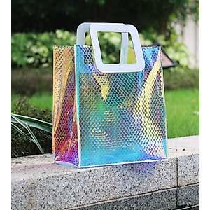 Reusable Gift Bag 11 x 9.8 x 5.1 Inches Iridescent Holographic Large Medium Size Gift Bags with Handle Mermaid Fish Scales Cute Handbags for Birthday, Christmas,Party, Baby Shower,Wedding, Women,Girls 1 PCS