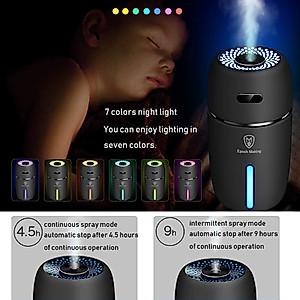 Epoch Making USB Car Humidifier, 200 Milliliter Mini Portable Humidifiers Air Purifier with 7 Colors LED Night Light, Quiet Operation, Adjustable Mist Modes for Travel Home Baby Office Car (Black)
