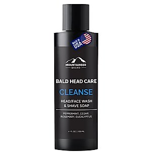 Mountaineer Brand Bald Head Shampoo for Men | All Natural Moisturizing/Hydrating Shaving Soap and Face Cleanser | For Daily Head/Scalp Care and Wash | Cleanse | Refreshing Natural Scent 4oz
