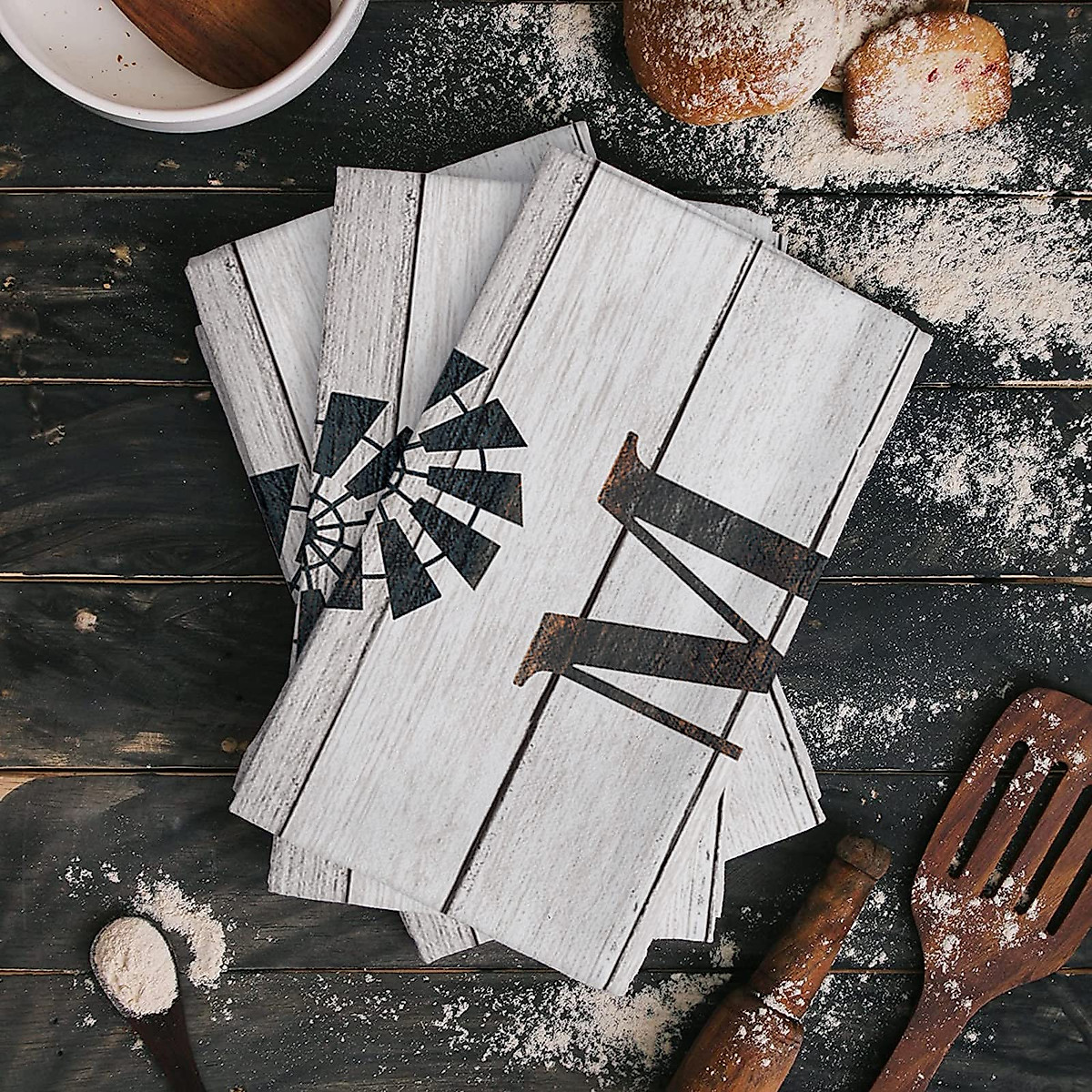 Windmill Farmhouse Kitchen Towels, Set of 2 Hand Drying Towel, Soft Absorbent Multipurpose Cloth Tea Towels for Cooking Baking, Countryside Vintage Wood Plank Washable Dish Towels Cloth 18x28 Inch