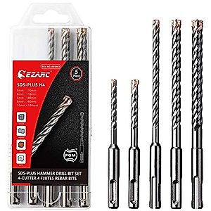 EZARC PGM Masonry Drill Bit Set 5PC SDS-Plus Hammer Drill Bits 4-Cutter Carbide Tips for Reinforced Concrete, Masonry, Marble, Brick and Tile