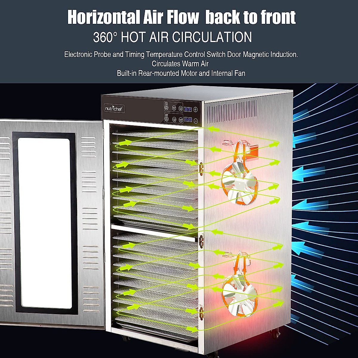 NutriChef Commercial Electric Food Dehydrator Machine | 20 Shelf Extra Large Capacity - Stainless Steel Trays | 2000-Watts, Digital Timer & Temperature Control | 18.11'' x 15.75'' x 31.89'' IN