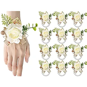 12 Pcs Wedding Rose Wrist Corsages Wristlet Band White Hand Flower Wrist Corsage Bracelets Wedding Corsage Boutonniere for Bride Bridesmaid Girl, Prom Homecoming Dinner Party Decoration