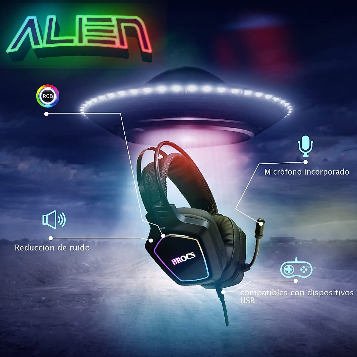 Brocs - Alien H656 Gaming, Headphone with Microphone, RGB - Gaming Headset, USB Headphone for Computer, PC, Laptop, Xbox, PS4 with RGB Lights