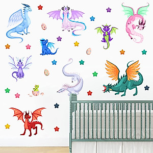 MEFOSS Creative Fairy Dragon Wall Decals Cartoon Large Wings Dragons Eggs Stars Wall Stickers Easy to Peel and Stick Wall Stickers Art Paper for Playroom Nursery Classroom Kids Bedroom Wall Decor
