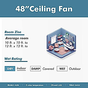 warmiplanet Ceiling Fan with Lights Remote Control, 48-Inch, Black, Silent Motor, 3-Blades