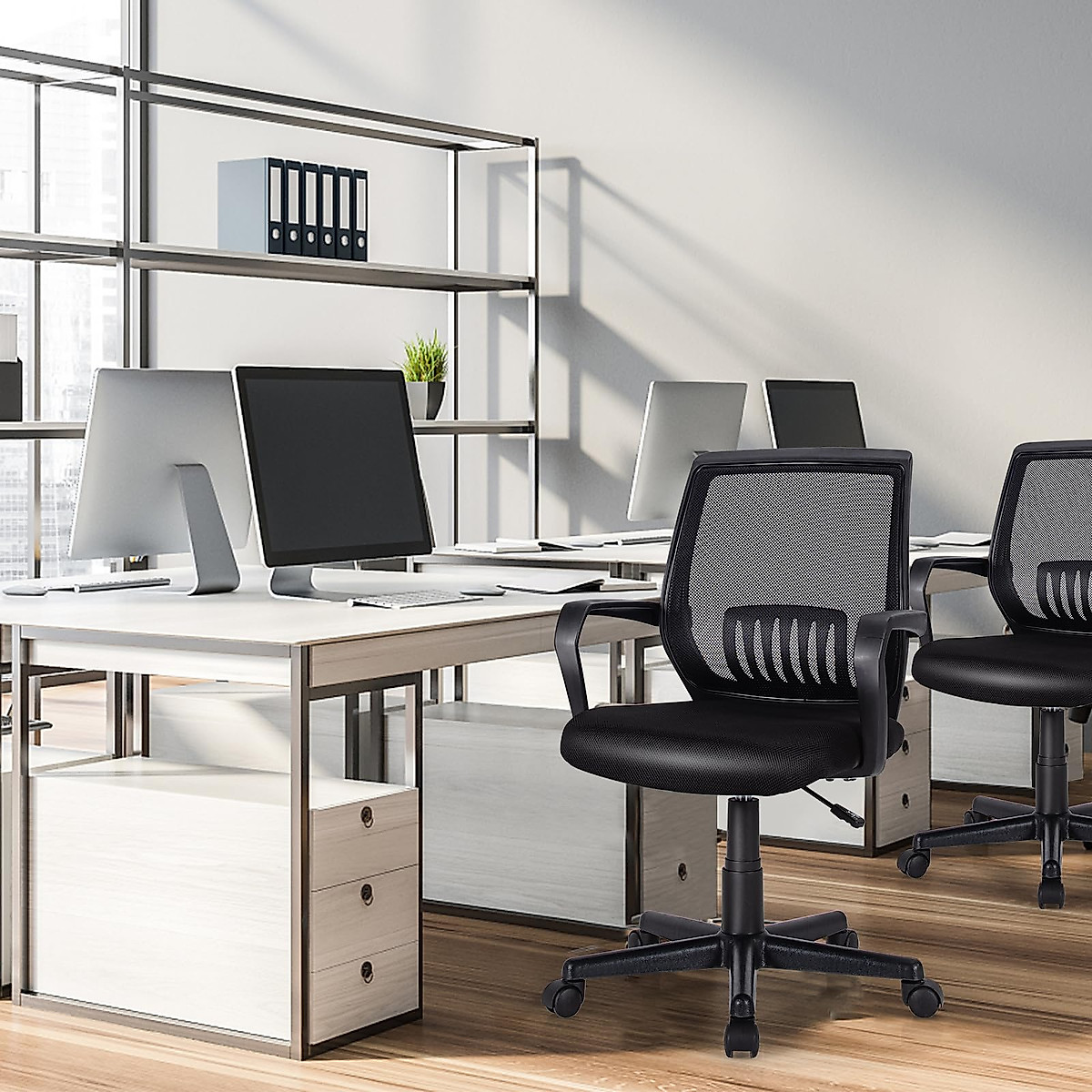 GRAFFY Office Desk Chair, 300 LBS Mesh Computer Chair w/Cushioned Seat, Executive Height Adjustable Rolling Chair, Mid Back Swivel Task Chair, Ergonomic Office Chair w/Lumbar Arm Support, Black