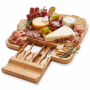 Casafield Organic Bamboo Cheese Cutting Board & Knife Gift Set - Wooden Serving Tray for Charcuterie Meat Platter, Fruit & Crackers - Slide Out Drawer with 4 Stainless Steel Knives
