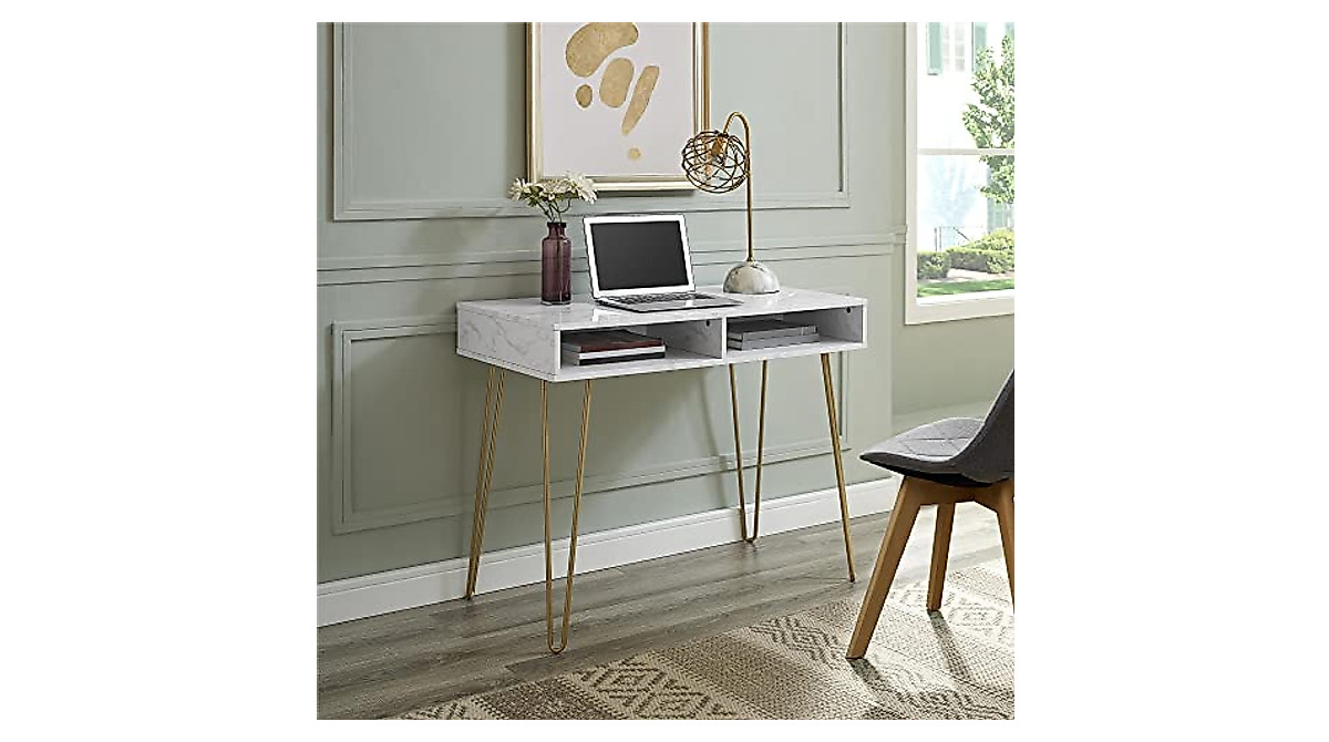 Novogratz Athena Computer Desk: White Marble & Storage