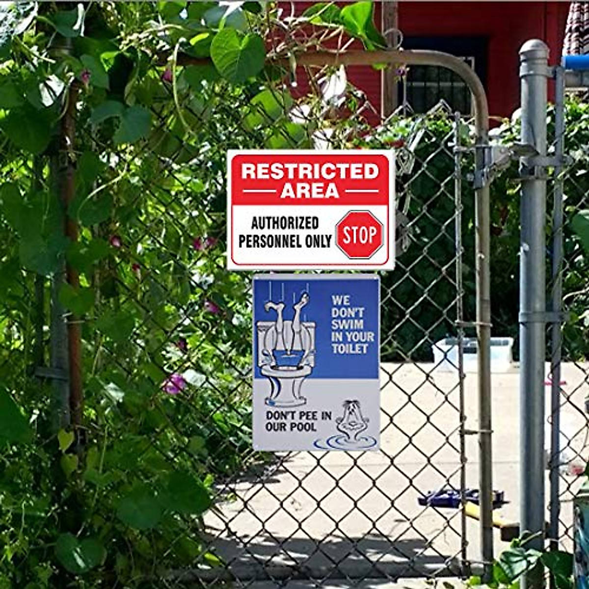 Monifith Funny Design Metal Sign Don't Pee in Our Pool Signs We Don't Swim in Your Toilet for Swimming Pool 8X12 Inch