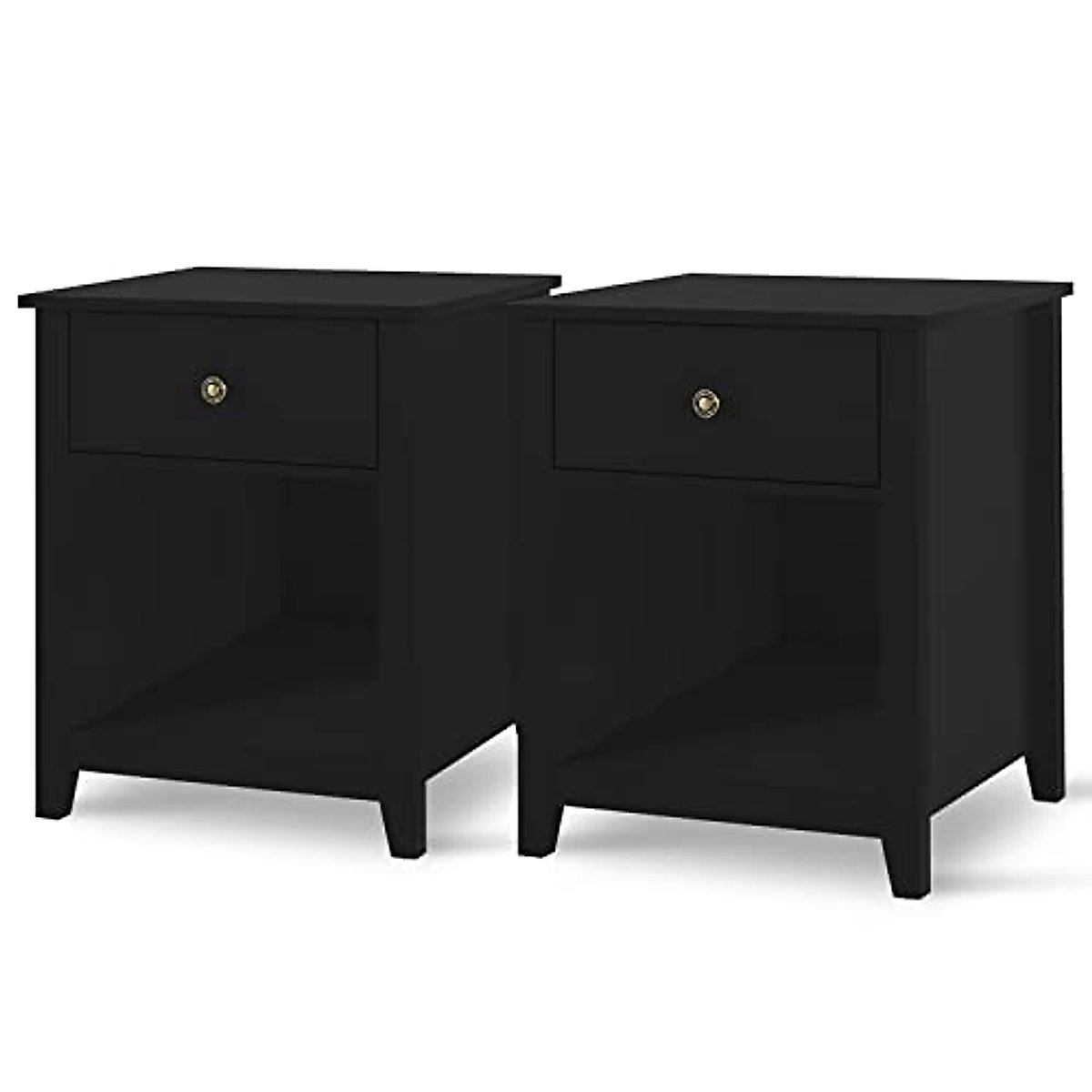 Vikiullf Black Nightstands with Drawer - Set of 2 Modern Bedroom Night Stands, Wood Bedside Tables with 1 Storage Drawer and Open Shelf, 23.8”H
