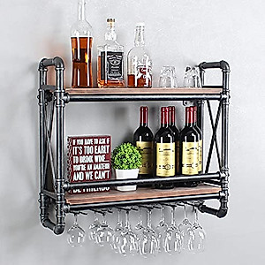 Industrial Pipe Wall Mounted Wine Racks with 5 Stem Glass Holders for Wine Glasses,2-Tier Storage Wood Shelves,Mugs Rack,Bottle & Glass Holder,Wine Storage Display Rack,Home Décor