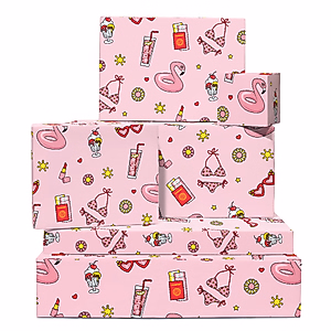 CENTRAL 23 Summer Wrapping Paper For Women - 6 Pink Wrapping Paper Sheets - For Birthday, Christmas, Bridal Shower - Comes With Fun Stickers
