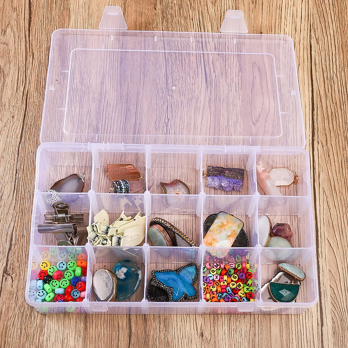 15 Grids Tackle Box Organizer, Large Clear Plastic Organizer Box with Adjustable Dividers for Beads, Art DIY, Crafts, Jewelry, Fishing Tackle with Label Stickers (1)