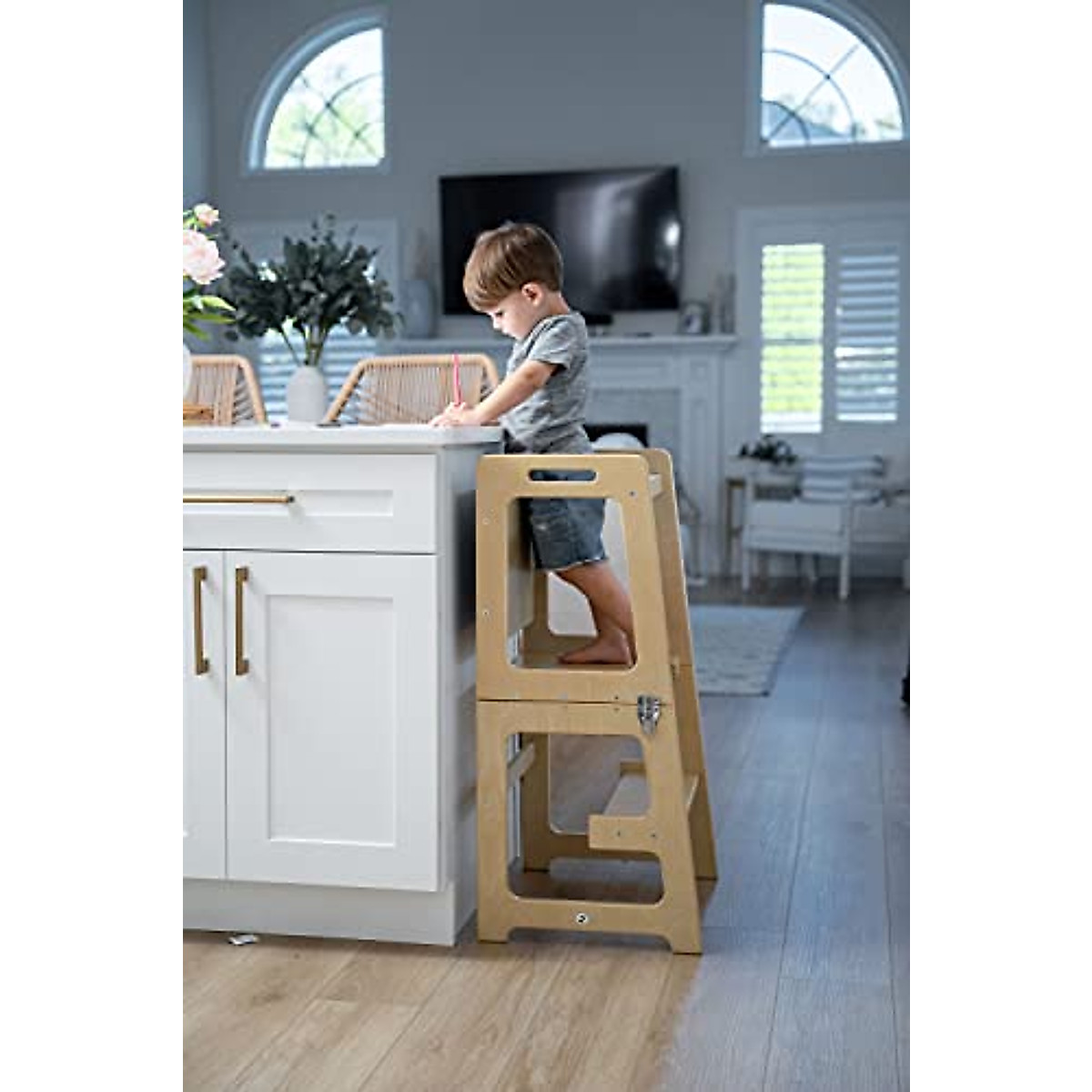 Avenlur Date 4-in-1 Kitchen Tower Montessori and Waldorf Style for Toddlers and Kids 18 Months to 6 Years - The Ideal Counter Stepping Stool with Chalkboard, Desk Table, and Chair All in One