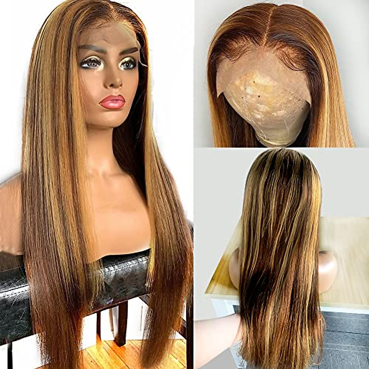 Manhoter Highlight Ombre Lace Front Wigs Human Hair Pre Plucked 18 Inch