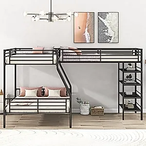 YuiHome L Shaped Bunk Bed for 3, Metal Triple Bunk Bed, Heavy-Duty Steel Frame Twin Over Full Bunk Bed and Twin Size Loft Bed with Four Built-in Shelves for Bedroom, Dorm, Boys, Girls, Adults,Black