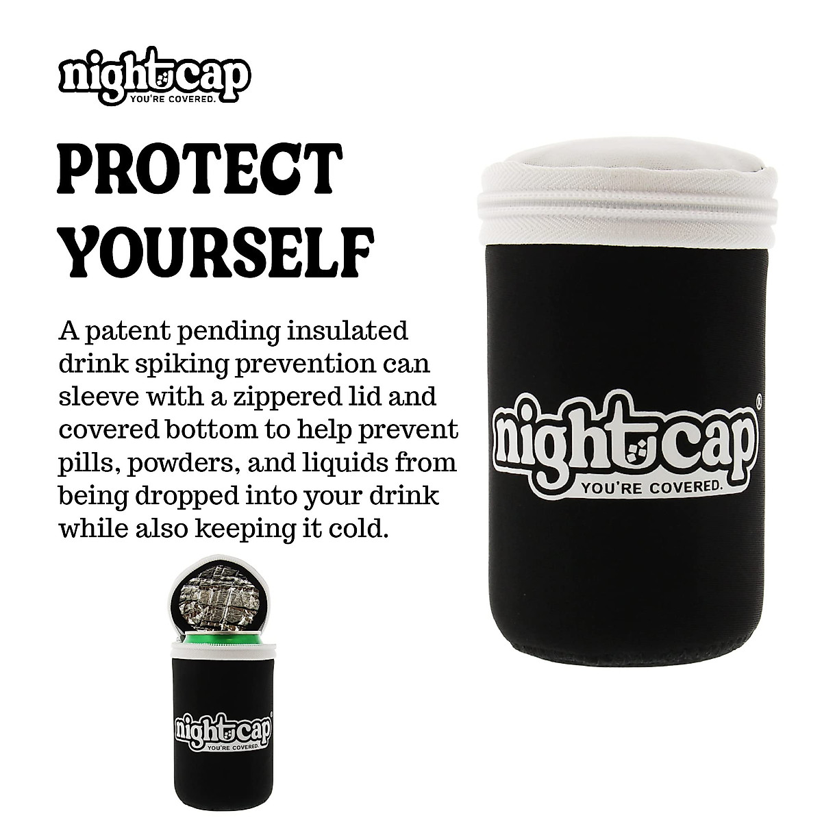 Nightcap Beer Can Cooler with Zippered Cover, Black - The Reusable, Insulated Can Cooler Sleeve Keeps Drinks Cold and Unwanted Particles Out - Easy to Hold Can Coozie Fits Most 12 oz Can Beverages