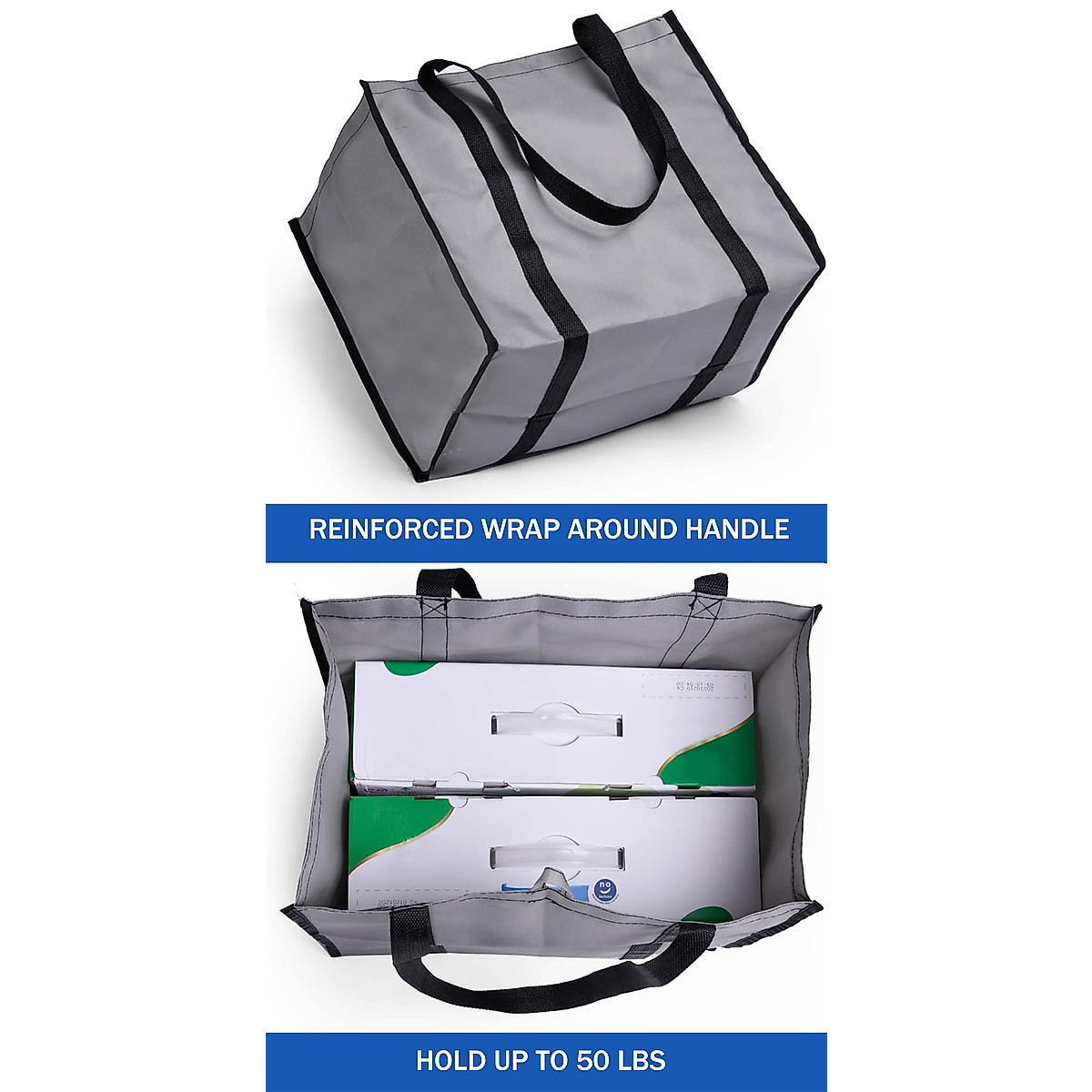 LONGTEAM Extra Large Reusable Foldable Shopping Bag, Fold Away Washable and Lightweight Shopper Bag with Reinforced Handles (3 Pack)