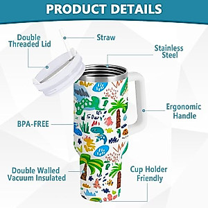RPLIFE Dino Doodle Collection 40oz Tumbler with Handle, Stainless Steel Coffee Cup, Insulated Water Bottle with Straw