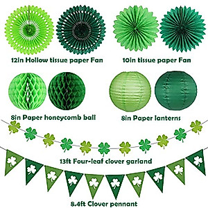 St Patricks Day Decorations, Green Party Supplies Four-Leaf Clover Garland Tissue Paper Fan Paper Lantern for Irish Party Saint Patricks Day Decor