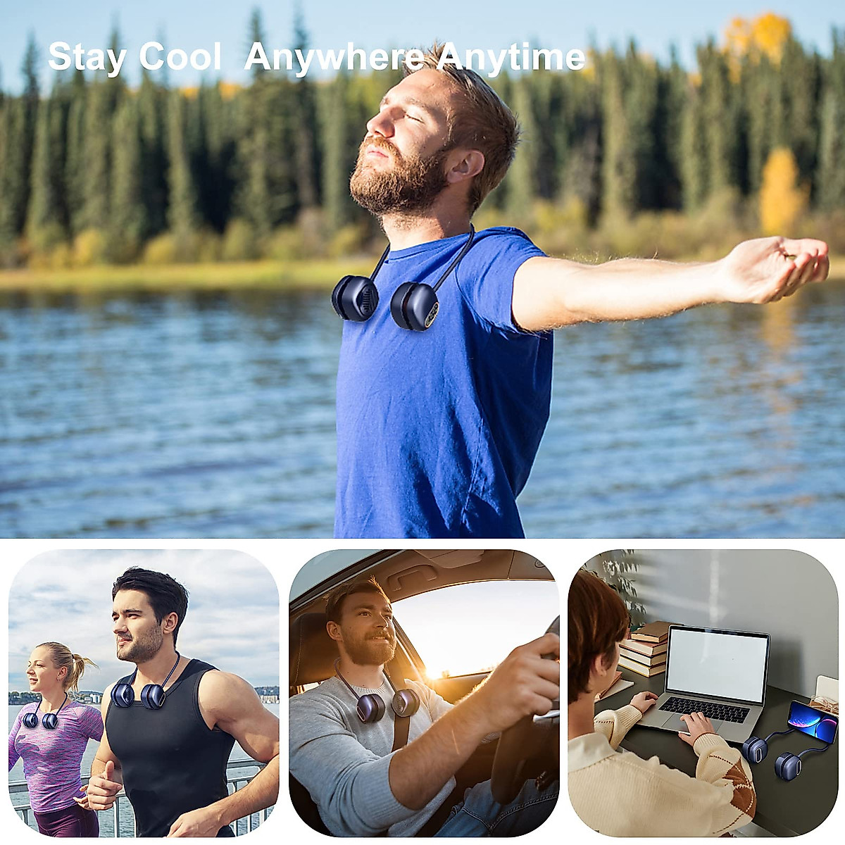 Apatner Portable Neck Fan,Foldable Bladeless Neck Cooler,Wearable Personal Fans with LED Lights,Hand Free Mini Cooling Fan, 2000mAh USB Rechargeable for Outdoor Travel Women(Blue)