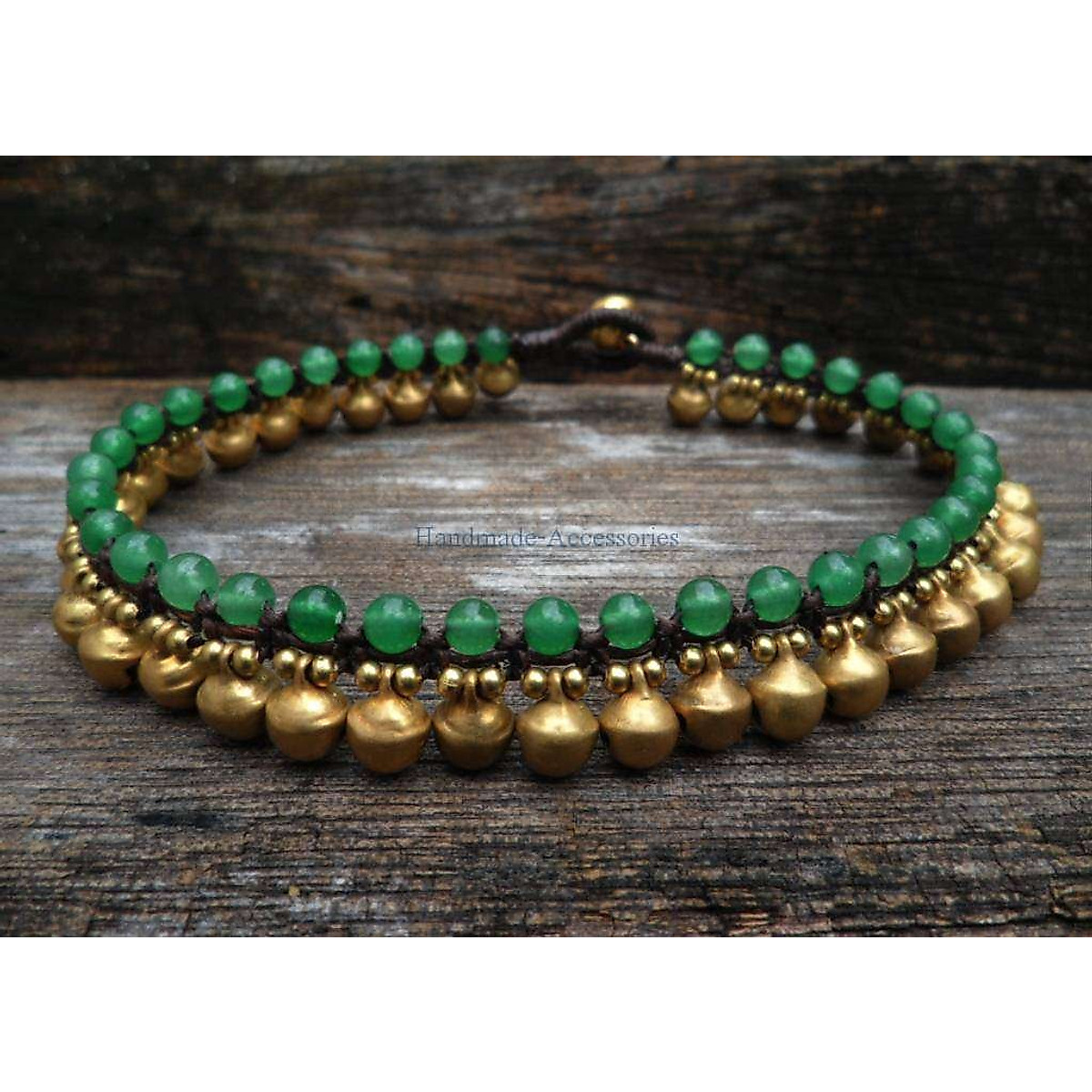 Infinityee888 Trendy Fashion Anklet Green Jade and Brass Bell Ankle Bracelet 10 Inches Woven with Wax Cord Beautiful Handmade Hippie Bohemian Style