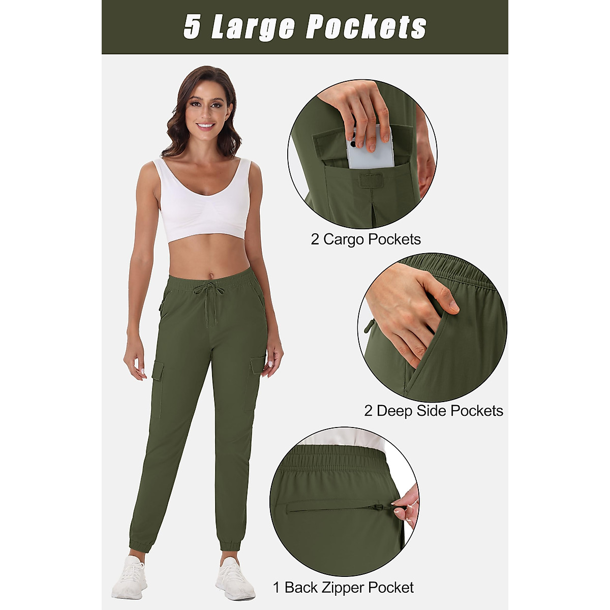 MAGCOMSEN Hiking Pants Women Waterproof Lightweight Quick Dry Cargo Pants Outdoor Casual Travel Joggers Army Green, M