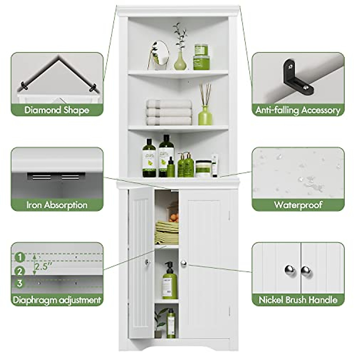 YESHOMY Corner Cabinet Shelves, Side Free Standing Storage Organizer with Large Space and Two Doors, Home Furniture for Multifunction in Living Room, Bathroom, Hallway, Kitchen, Bedroom, White