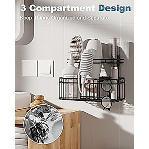 Hair Tool Organizer, ULG Hair Dryer Holder Over Cabinet or Wall Mount, Bathroom Organizer Under Sink with 5 Adjustable Heights and 3 Compartments for Hair Dryer, Curling Wand, Hair Straightener(Black)