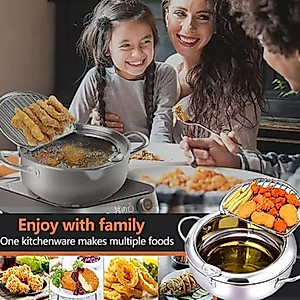 Japanese Deep Fryer Pot, Stainless Steel Deep Fryer Pot, Deep Fryer Pot, Stainless Steel Frying Pot With Thermometer And Oil Drip Drainer Rack (7.87 in,Silver)