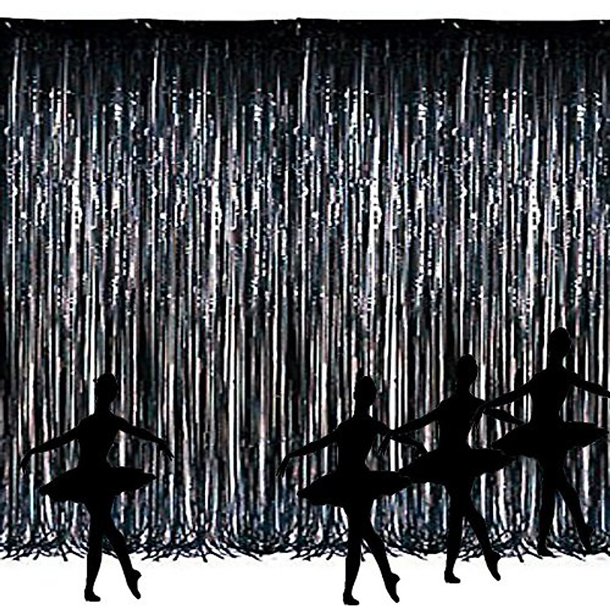 Adorox (2 pc Metallic Black) Metallic Silver Gold Rainbow Photo Backdrop Foil Fringe Curtains Party Wedding Event Decoration