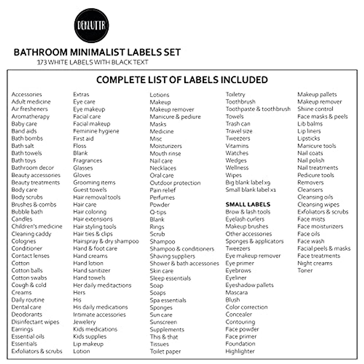 Dekluttr 173 Minimalist Bathroom Labels for Organizing Bathroom Preprinted Waterproof Organization Labels for Storage Bins Containers and Jars Sticks to Glass Plastic and Metal