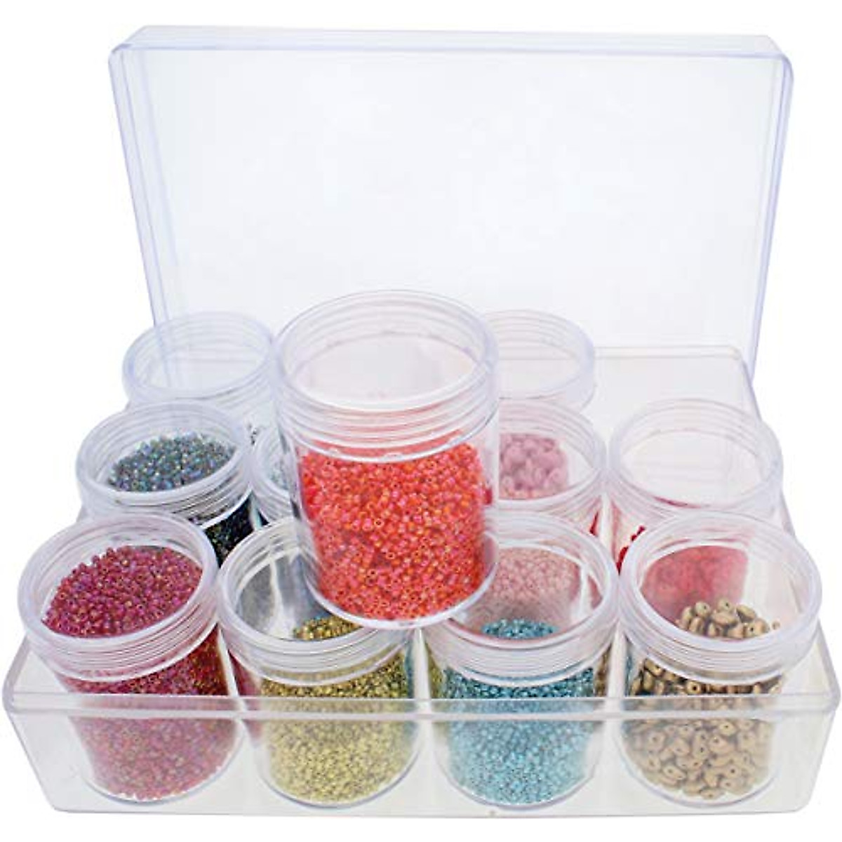 The Beadsmith Personality Case - Clear Storage Organizer Box, 6.25 x 4.75 x 2.1 inches - Includes 12 Small Containers with lids - 1.5 x 2 inches, Bead Holder