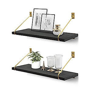 Gronda Black Floating Shelves Set of 2, Black Gold Wall Shelves Minimalist Modern Wall Decor Wooden Bookshelves Trophy Display Storage Plants Floating Shelves Wall Mount Living Room Bedroom Bathroom