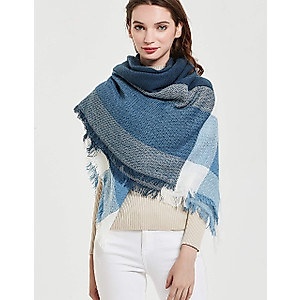 Wander Agio Womens Warm Blanket Scarf Square Winter Shawls Infinity Scarves Stripe Plaid Blue Navy Cyan 2