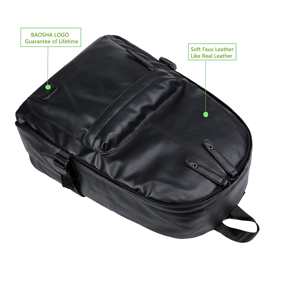 Baosha BP-08 Unisex PU Leather Computer Laptop Bag 15.6 inch College School Backpack Shoulder Bags Travel Hiking Rucksack Casual Daypack Black