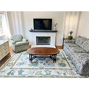 Green Oushak Rug, Modern, Vintage, Turkish, Eclectic, Floral, Pastel, Washable, Large Area Rugs for Living Room, Dining, Bedroom, Girls, Boys, 7'5"x9'8"